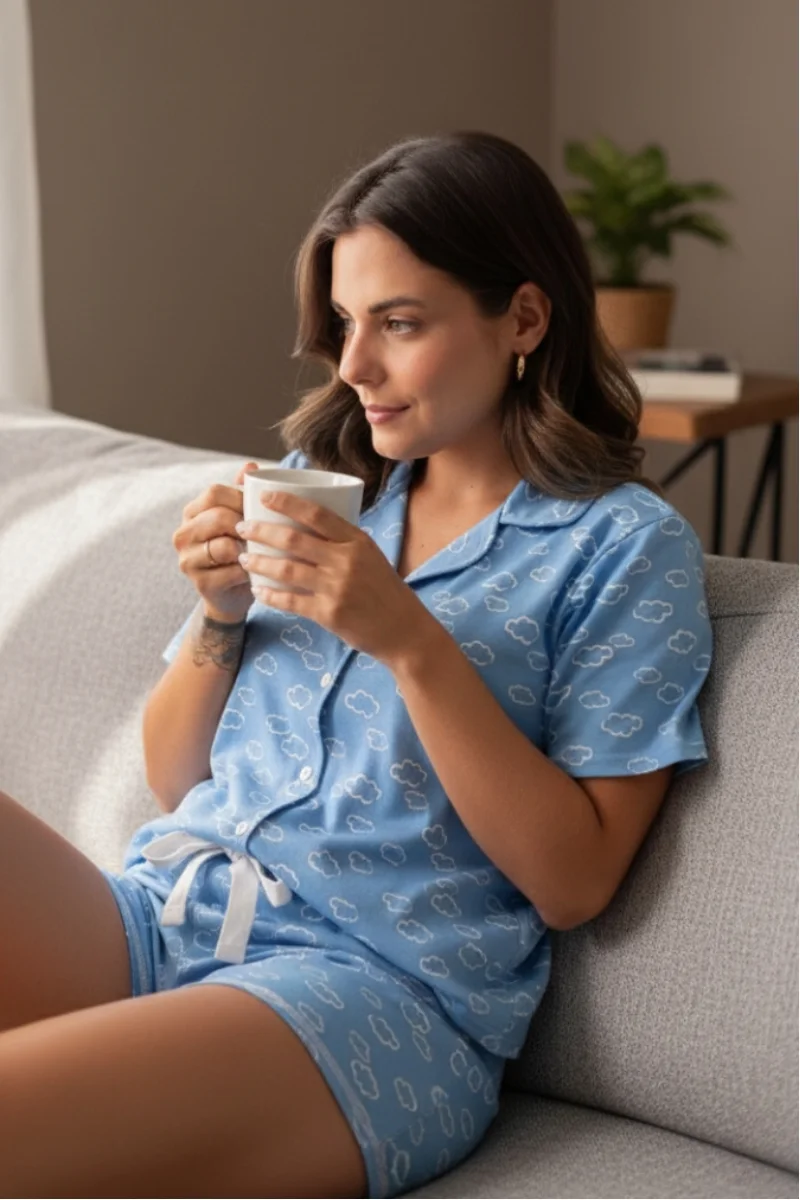 Pijama Americano Curto Algodão Nuvem Azul